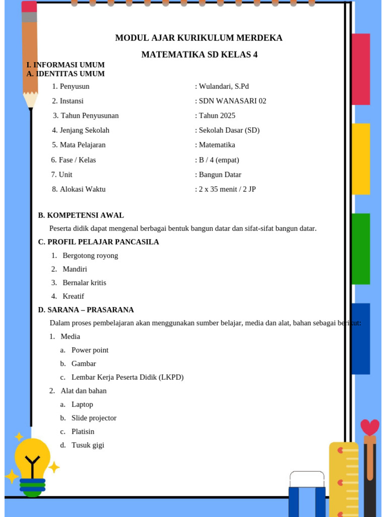 Modul Ajar MTK Bangun Datar Obser Kelas 4 | PDF