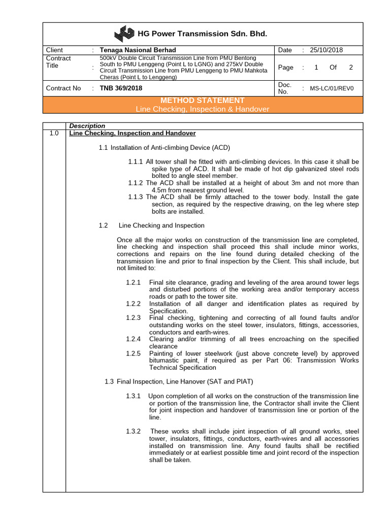 MS Line Checking Inspection & Handover | PDF | Electrical Engineering ...