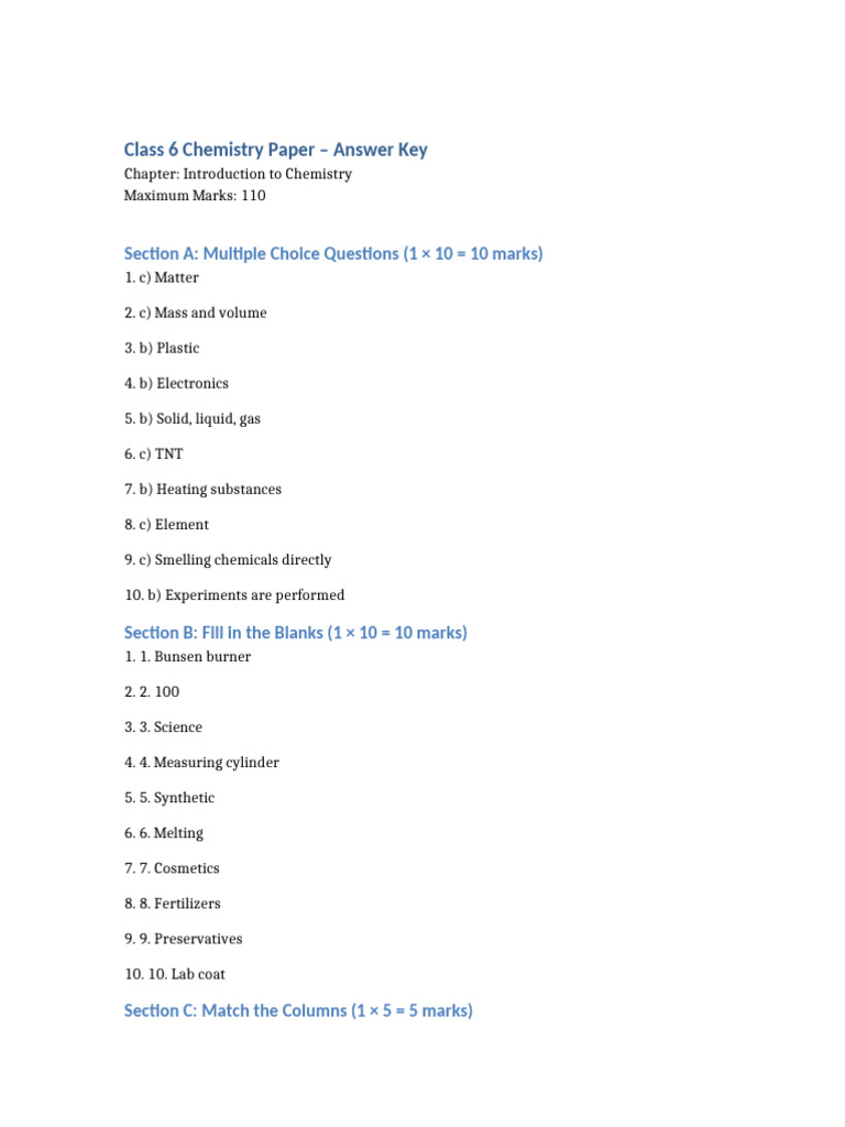 Class 6 Chemistry Answer Key | PDF | Chemistry | Chemical Substances