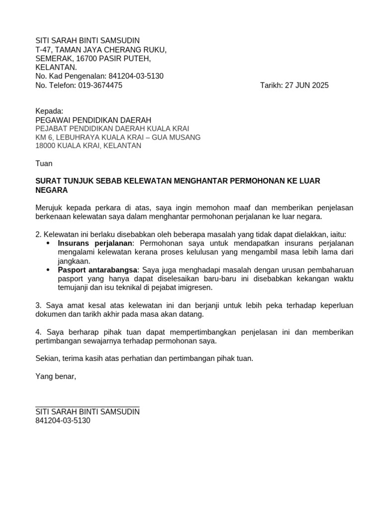 Surat Tunjuk Sebab Kelewatan Permohonan Luar Negara | PDF