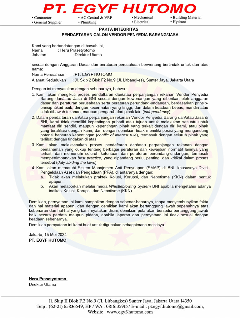 Format Pakta Integritas Pendaftaran Calon Rekanan - Checklist SMAP | PDF