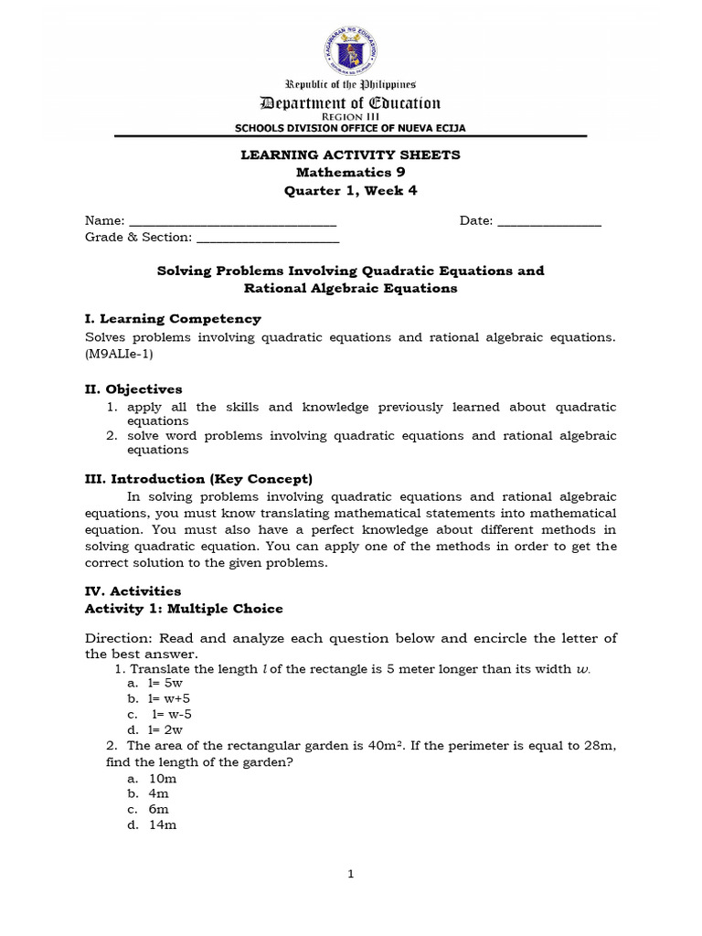Math9 q1 LAS W4 Solving QE-And-Rational-Expressions | PDF | Equations | Area