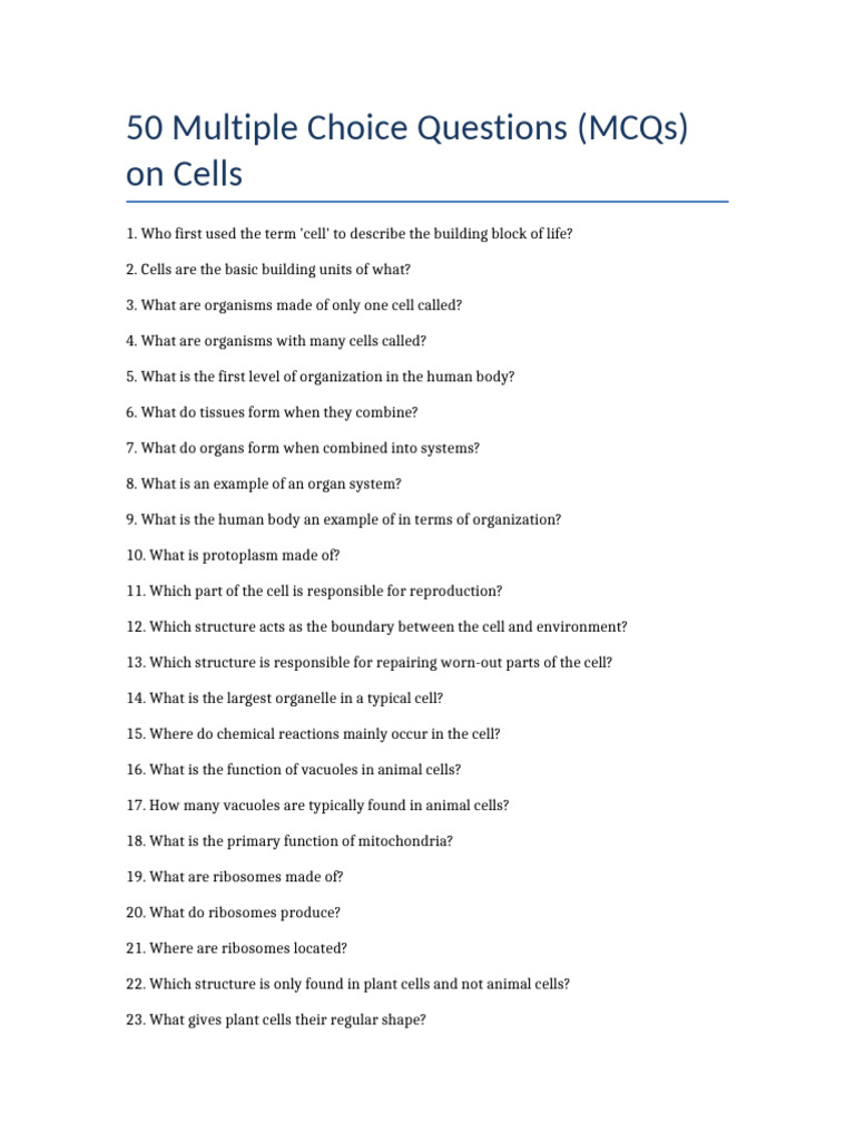 MCQs on Cell Structure and Function | PDF | Cell (Biology) | Vacuole