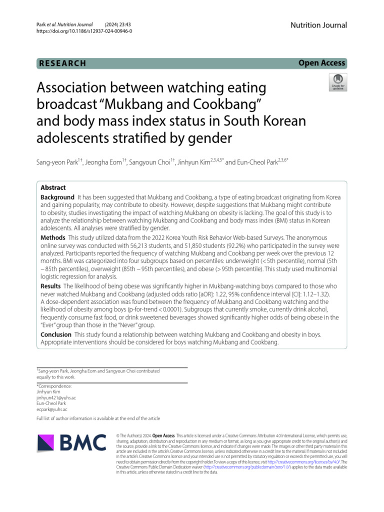 Association Between Watching Eating Broadcast "Mukbang and Cookbang ...