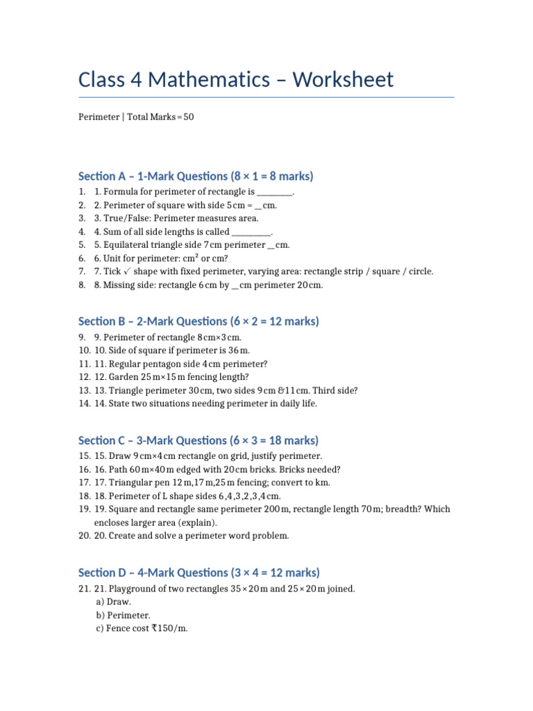 Class 4 Perimeter Worksheet | PDF