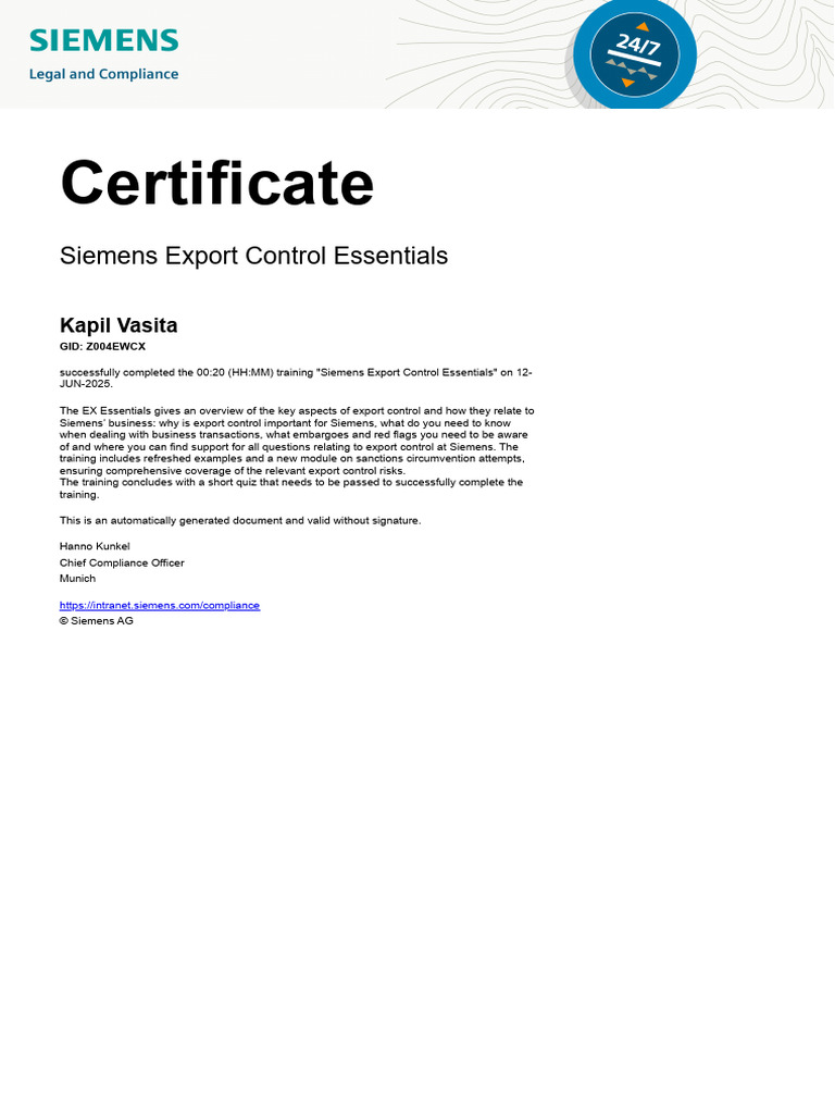 Certificate - Siemens Export Control Essentials | PDF
