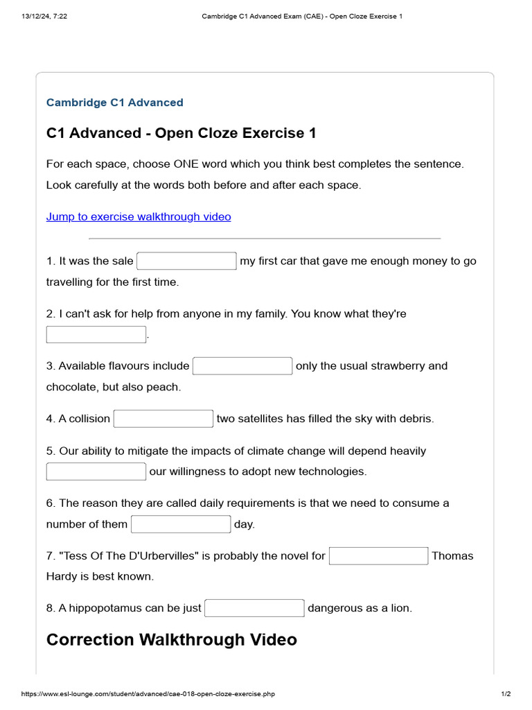 Cambridge C1 Advanced Exam (CAE) - Open Cloze Exercise 1 | PDF
