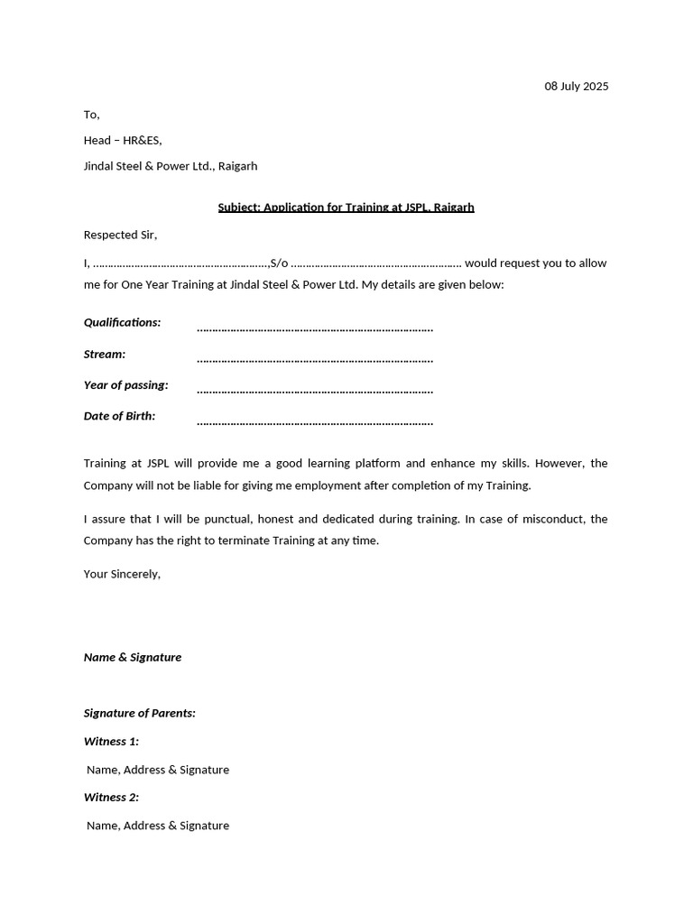 JSPL Apprenticeship Training Application | PDF