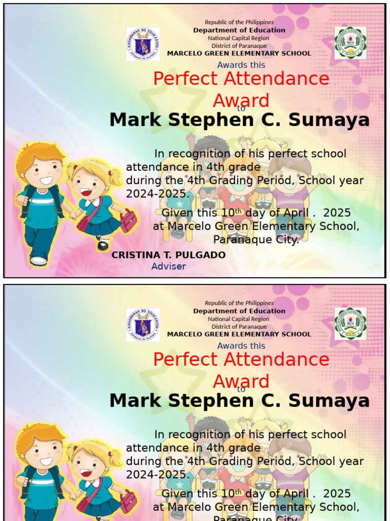 4th Grade Perfect Attendance Awards | PDF | Philippines