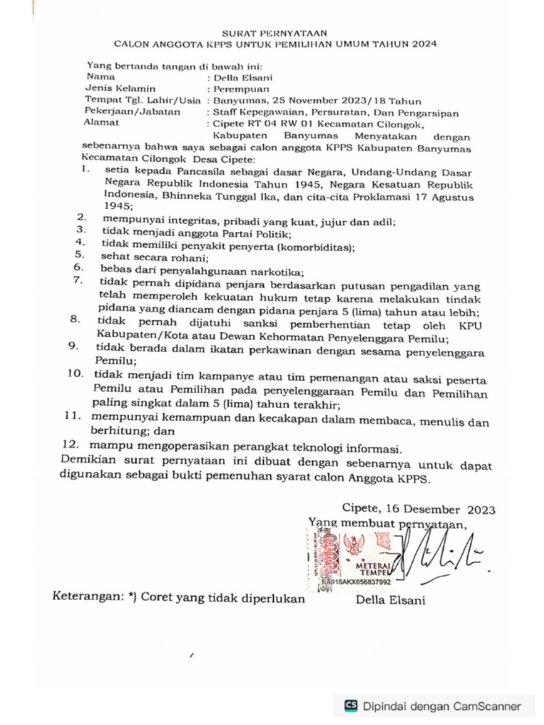 Surat Pernyataan Kpps | PDF