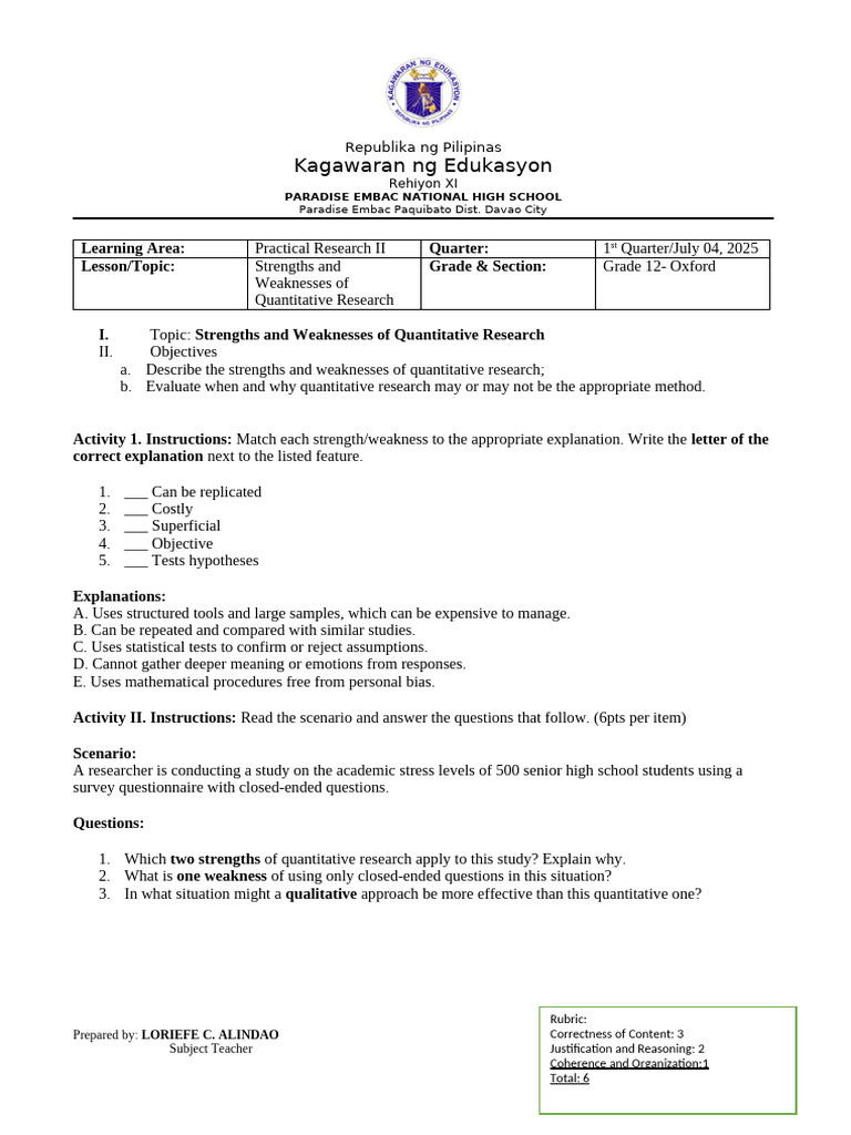 Learning Activity Sheet in PracticalReserach2 | PDF | Quantitative ...