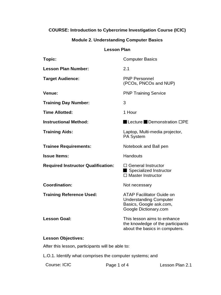 Lesson Plan 2.1 Computer Basics | PDF | Computer Hardware | Operating System