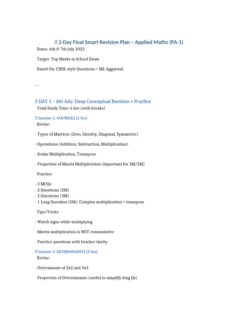 Applied Maths 2day Revision Plan PA1 | PDF | Determinant | Matrix (Mathematics)