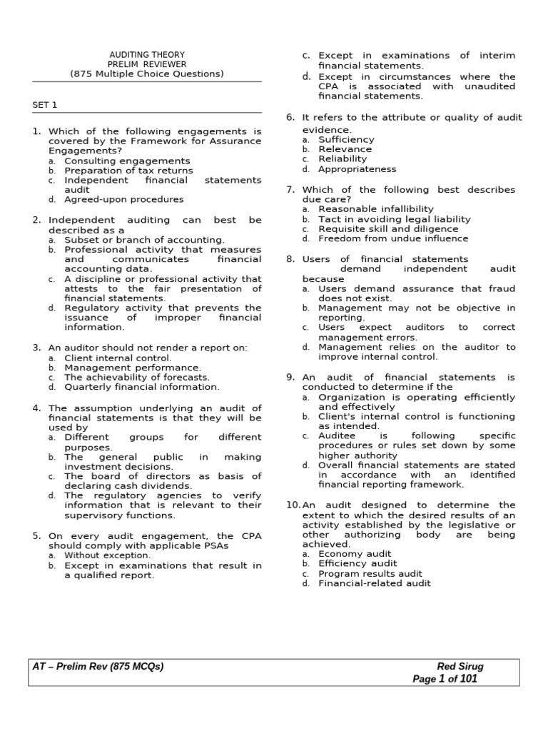 Auditing Theory MCQs Prelim Review | PDF | Audit | Financial Audit