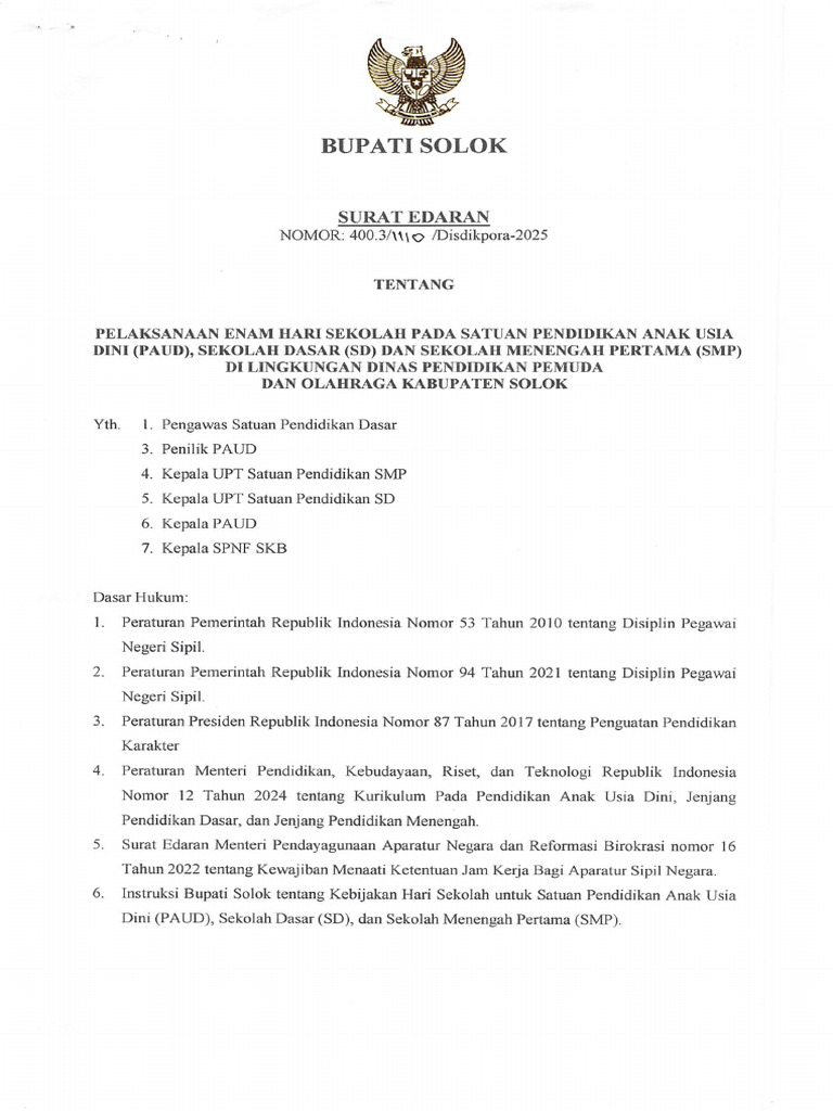 Edaran 6 Hari Sekolah | PDF