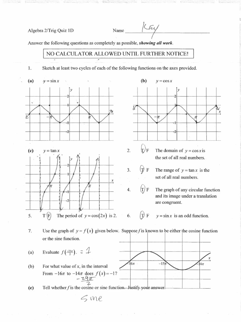 Trig Quiz 1-A Sample Answer Key | Trigonometric Functions | Sine