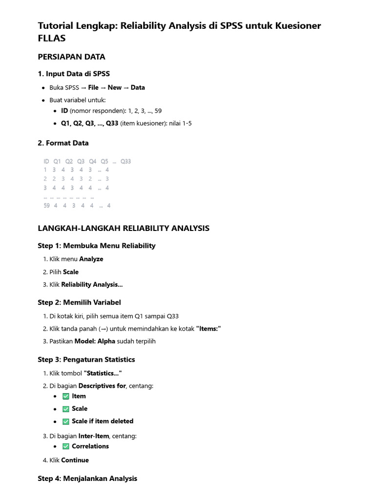 Tutorial Lengkap - Reliability Analysis Di SPSS Untuk Kuesioner FLLAS | PDF