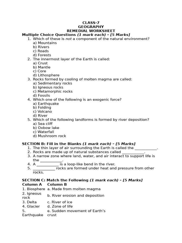 Class 7 Geography Worksheet | PDF