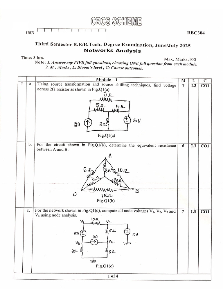 BEC304 Network Analysis Vtu Question Paper June/July 2025 | PDF