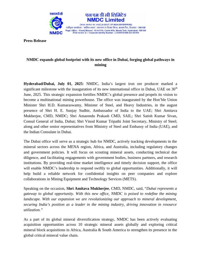 Press Release - NMDC Expands Global Footprint With Its New Office in Dubai, Forging Global ...