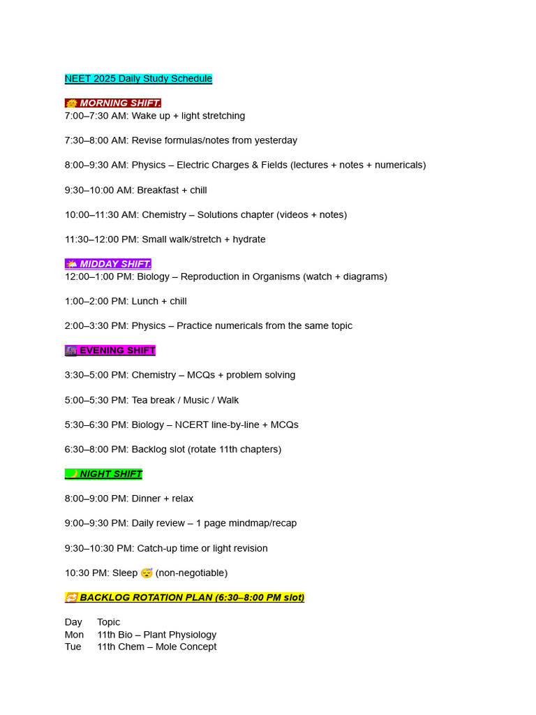 NEET 2025 Daily Study Schedule | PDF