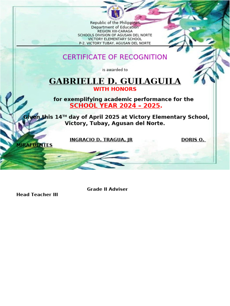Cert of Recog. For Honors | PDF