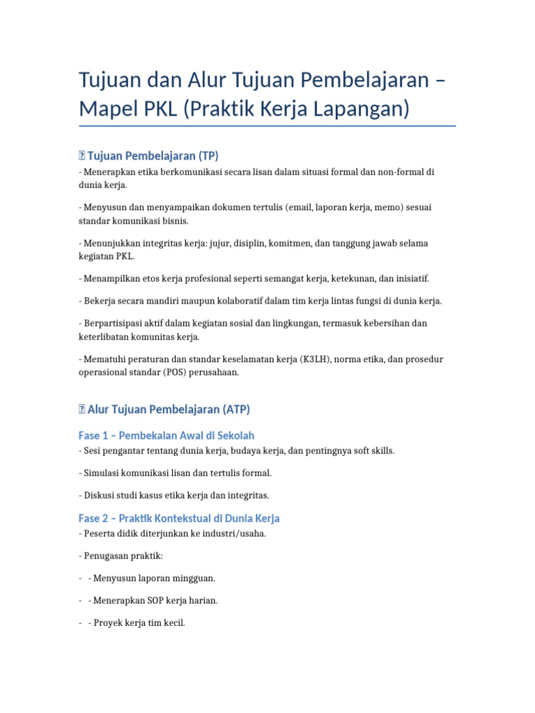 Tujuan Dan ATP Mapel PKL | PDF