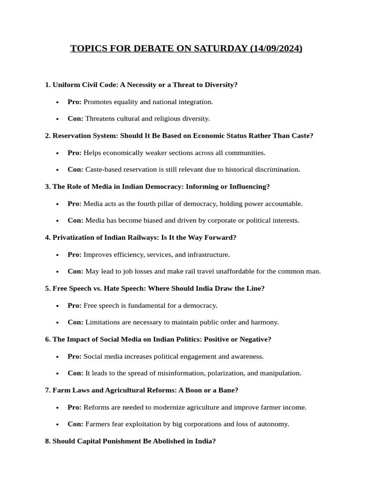 Topics For Debate On Saturday | PDF | Government