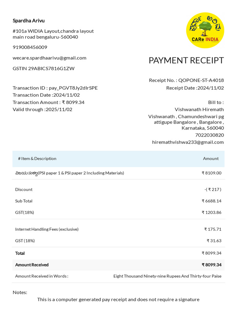 Payment Receipt for Spardha Arivu | PDF