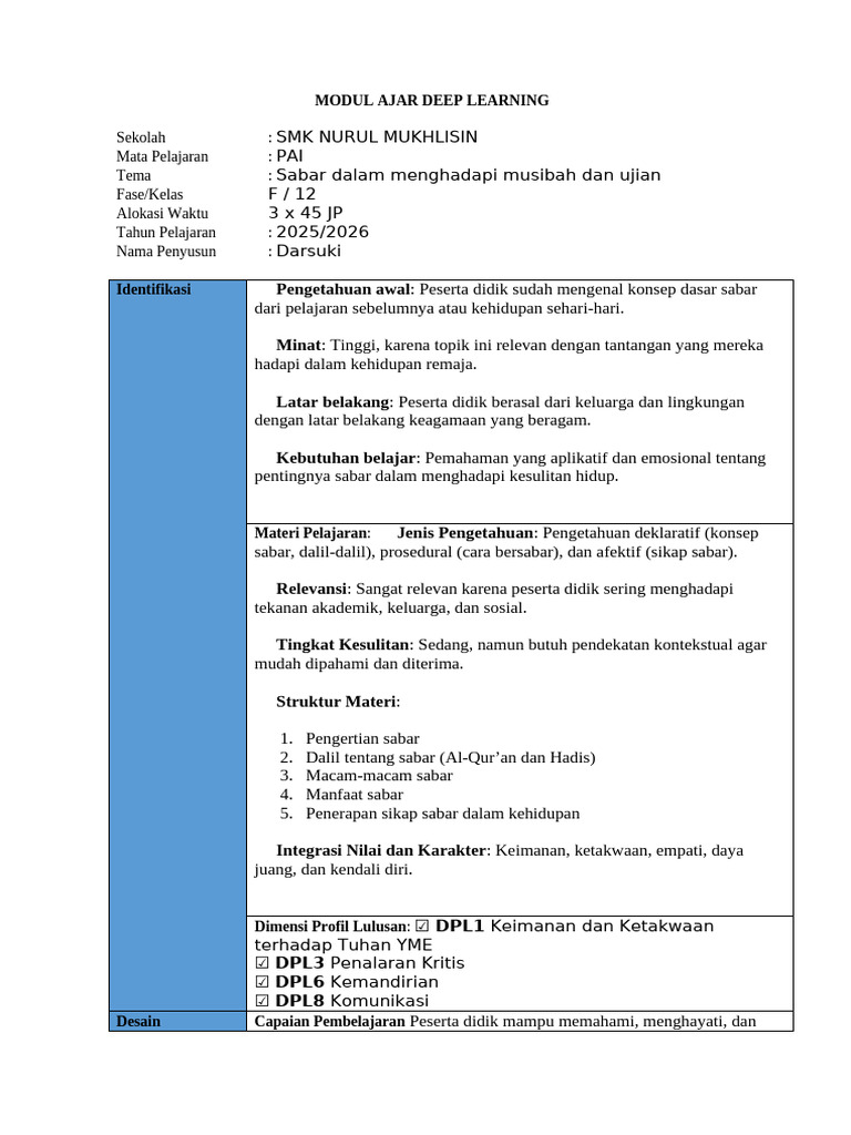 Contoh Modul Ajar Deep Learning Darsuki | PDF