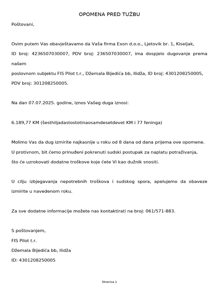 Opomena Pred Tuzbu FIS Pilot | PDF