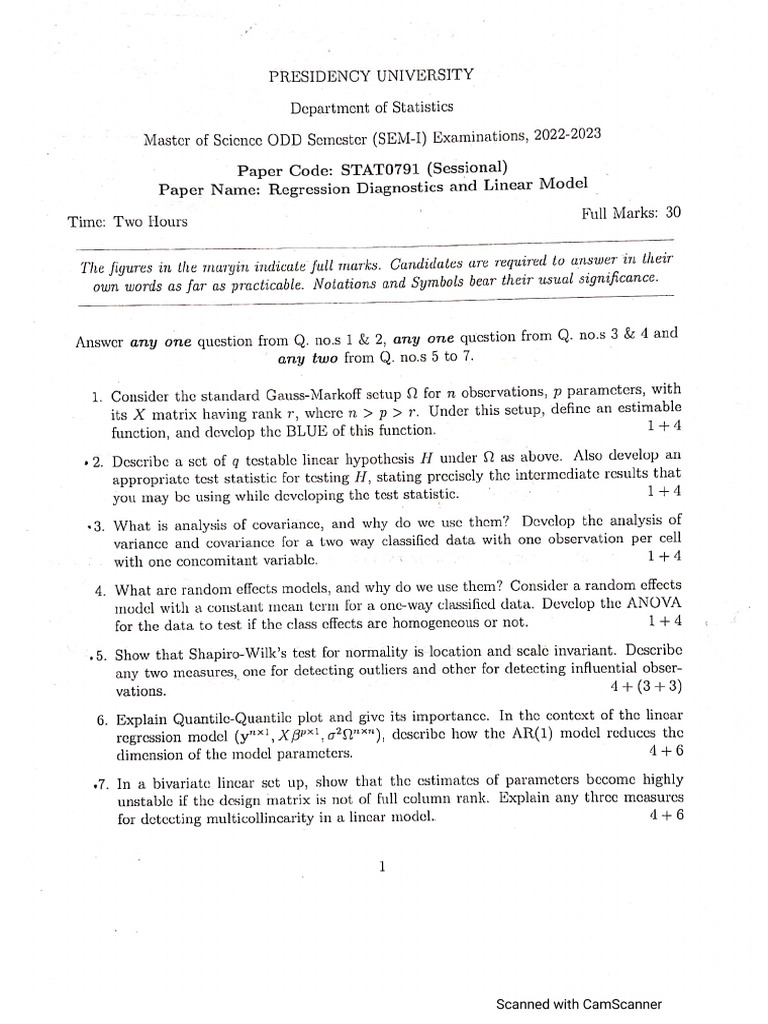 Regression 1 - Endsem (2022-23) | PDF