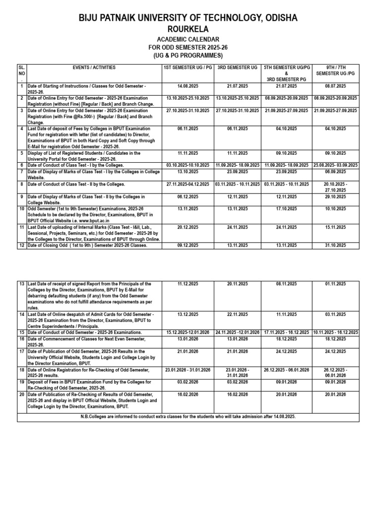 BPUT Academic Calander 2025-26 | PDF | Educational Stages | Higher Education