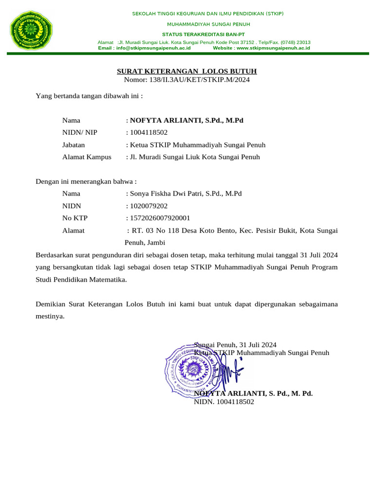 Surat Pemberhentian Dosen STKIP 2024 | PDF
