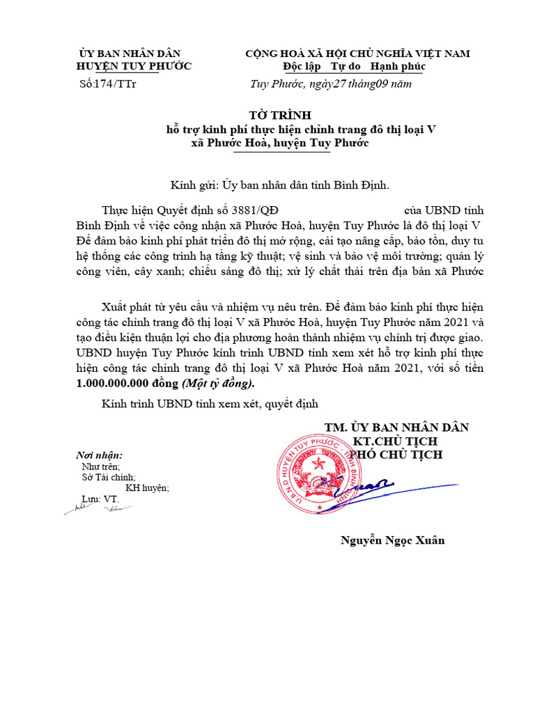 To Trinh Xin Cap Kinh Phi Xa Phuoc Hoa Do Thi Loai V | PDF