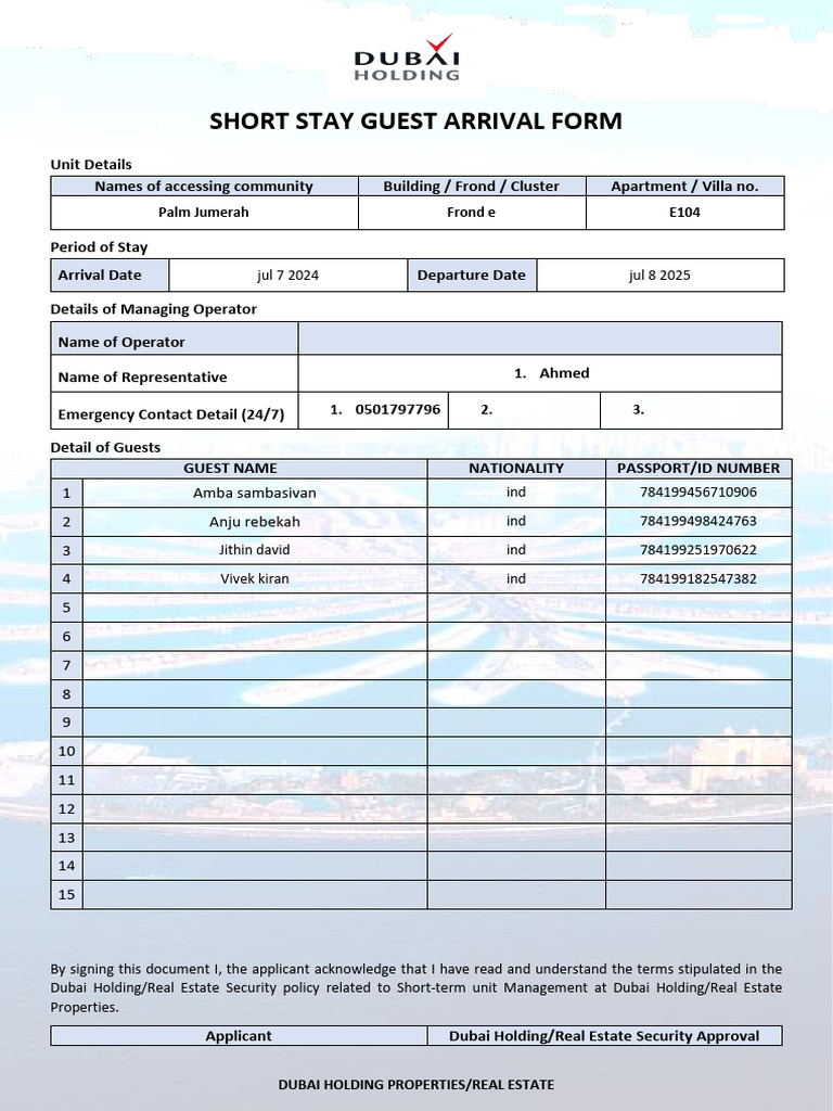 Dubai Short Stay Guest Arrival Form | PDF