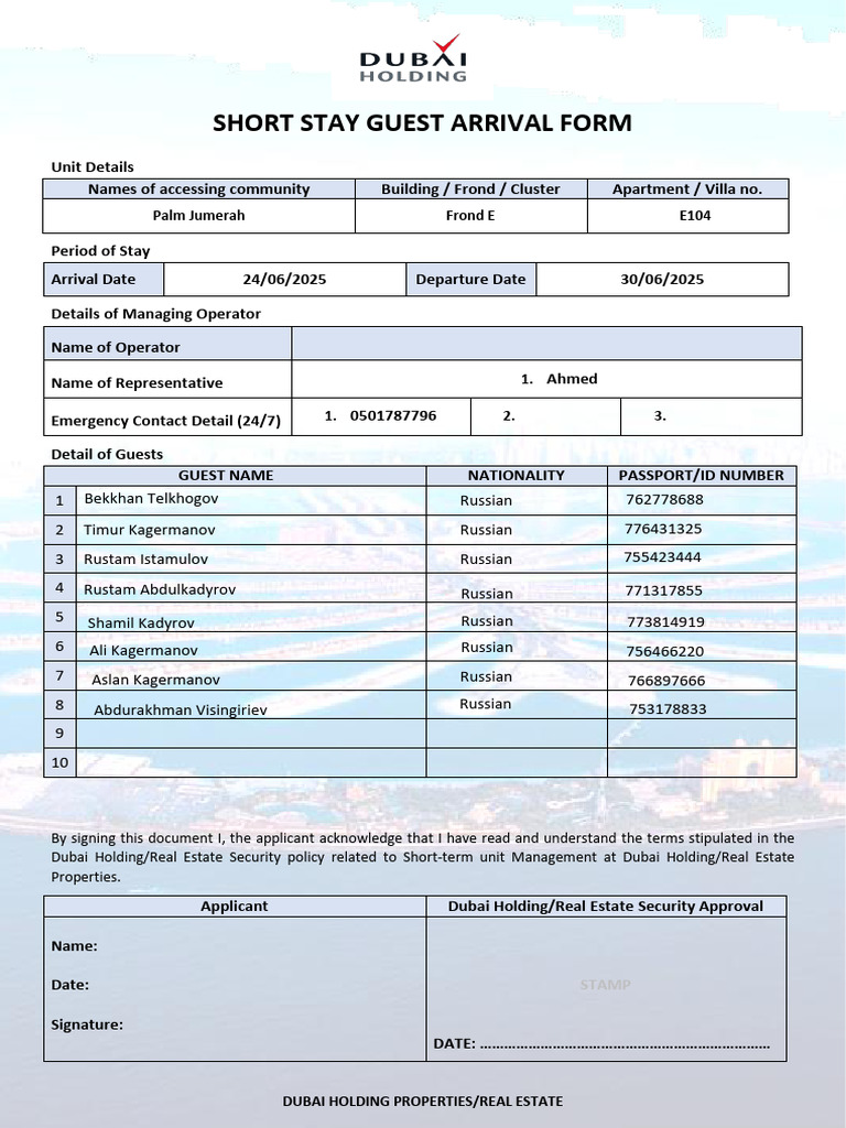Dubai Short Stay Guest Arrival Form | PDF