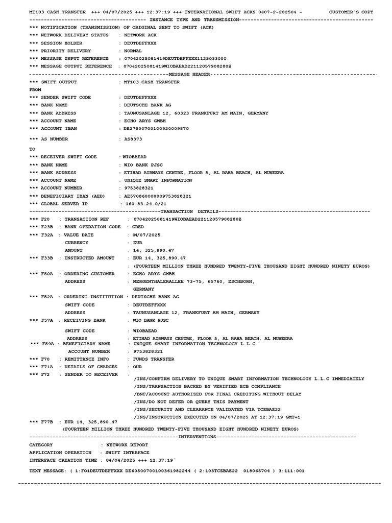 14 Mil Server To Server MT103 CASH Swift Original | PDF | Transmission ...