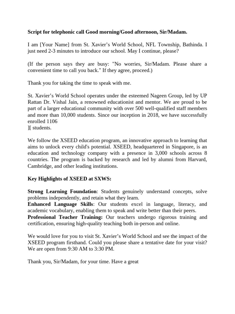 Script For Telephonic Call | PDF