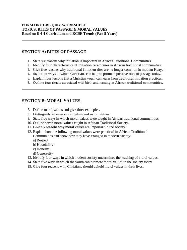 Form One Cre Quiz Worksheet | PDF