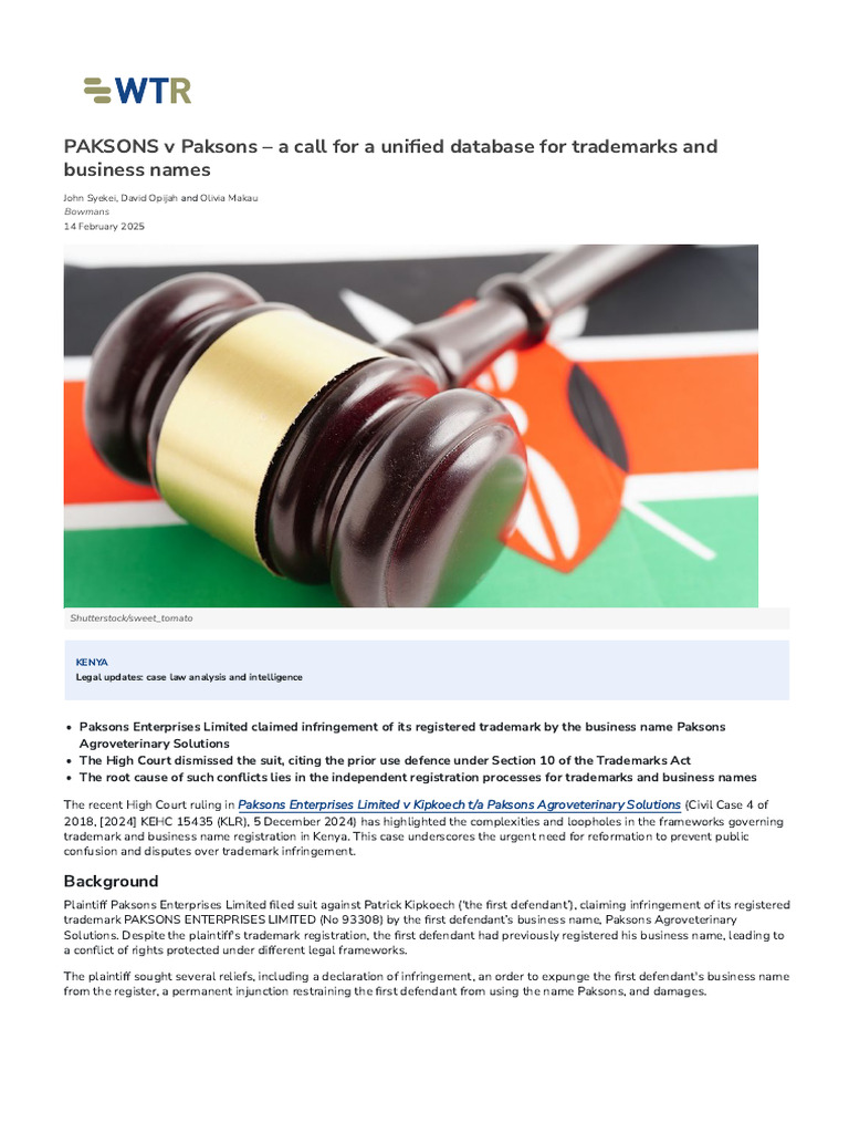 PAKSONS V Paksons A Call For A Unified Database For Trademarks and Business Names - WTR | PDF ...