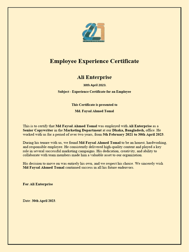 Experience Certificate for Md Faysal Ahmed | PDF