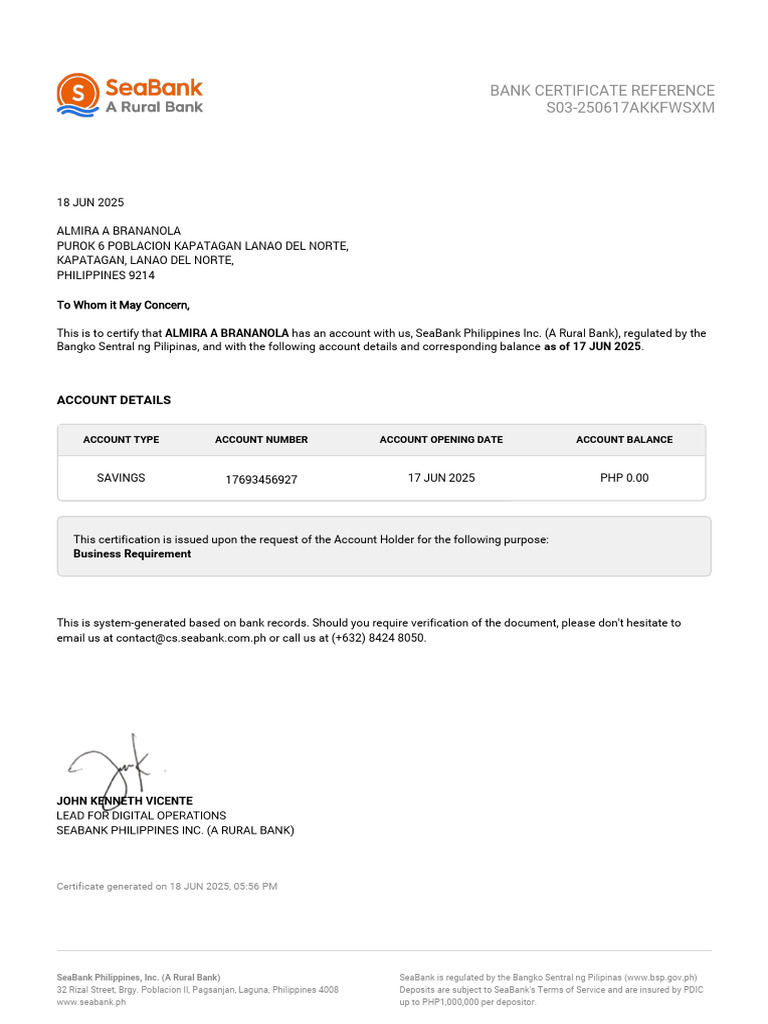 Bank Certificate SeaBank | PDF