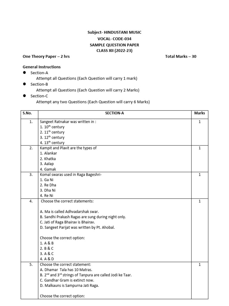Class 12 Hindustani Music Sample Paper | PDF | Classical And Art Music ...