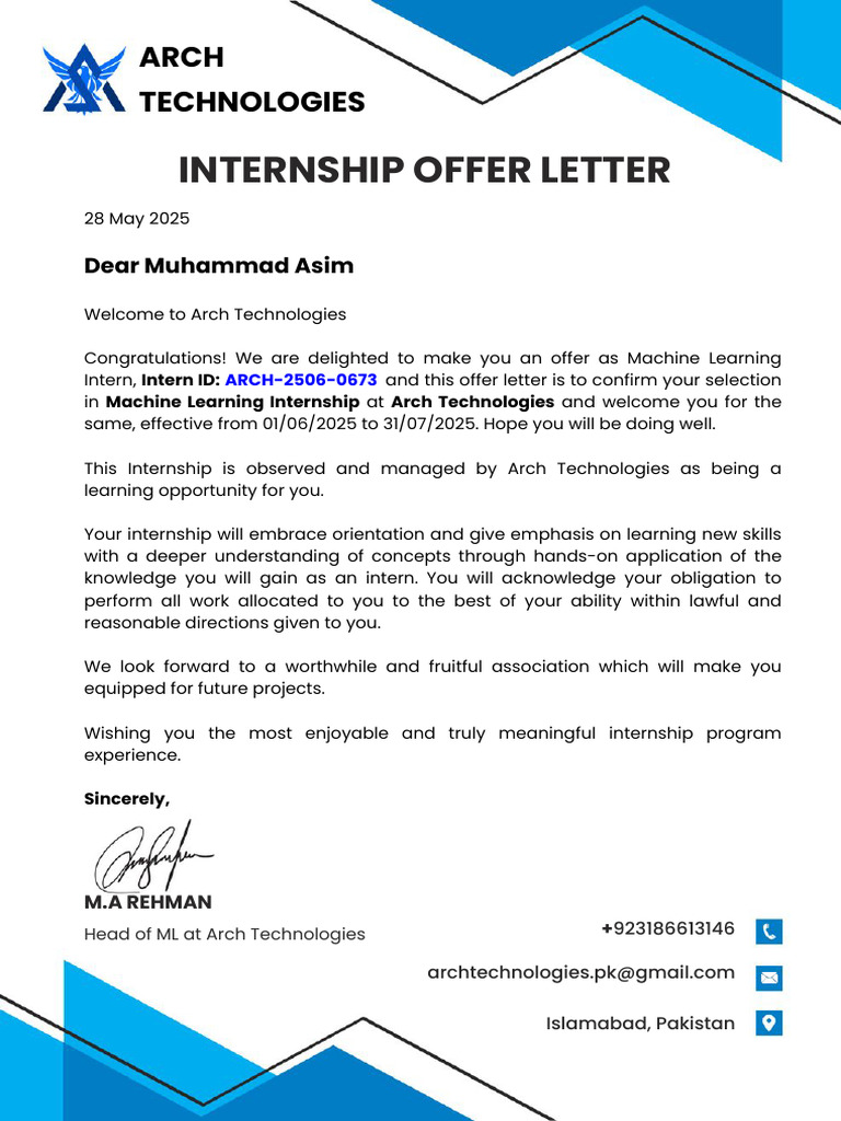 Muhammad Asim ML Internship Offer Letter | PDF