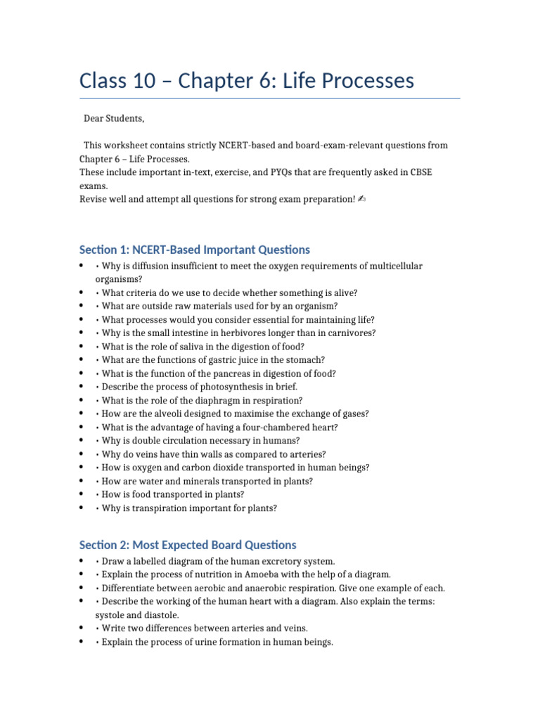 Biology Chapter6 Life Processes Worksheet Class10 | PDF | Digestion ...