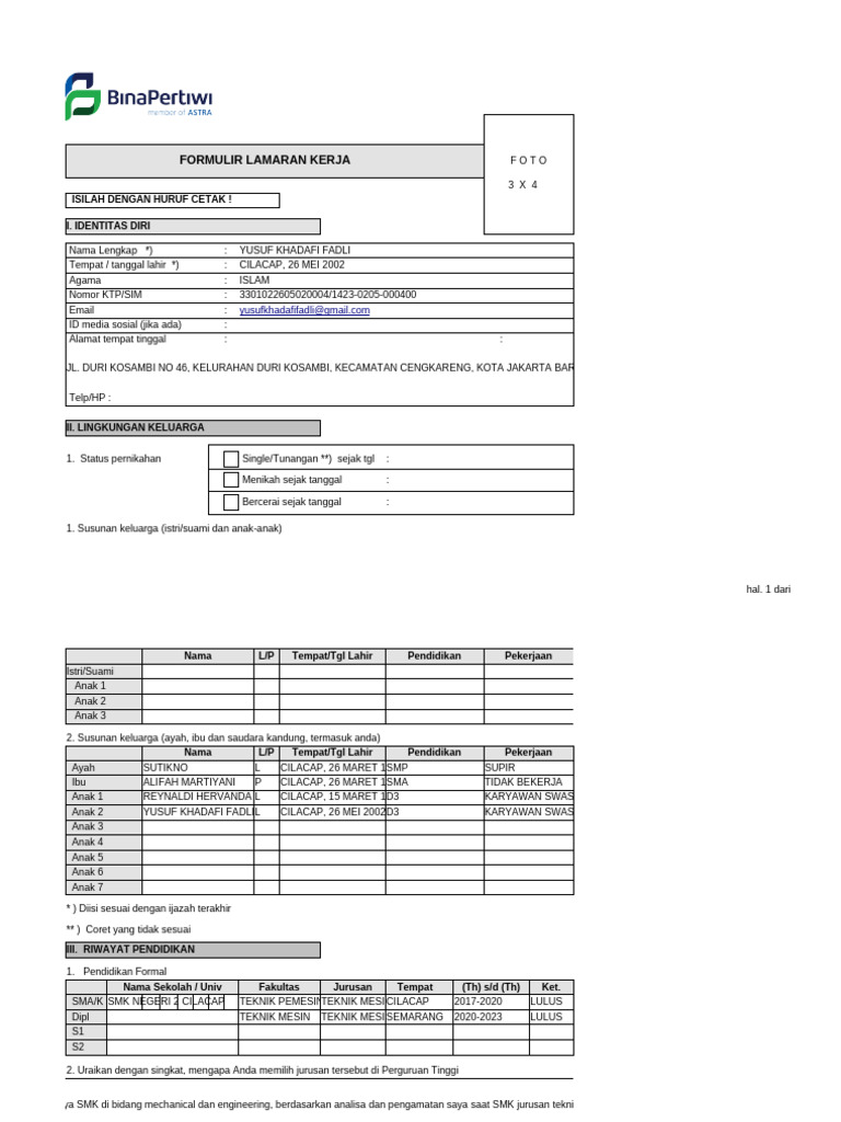 Form A-2 Formulir Lamaran Kerja | PDF