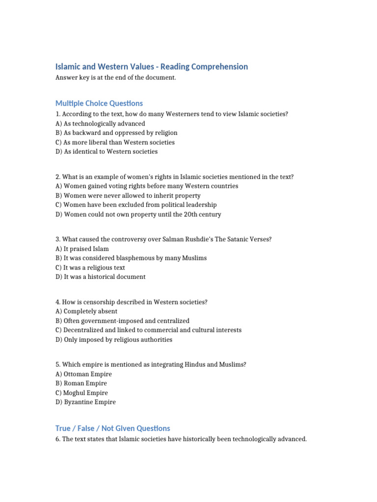 Islamic vs. Western Values Quiz Guide | PDF