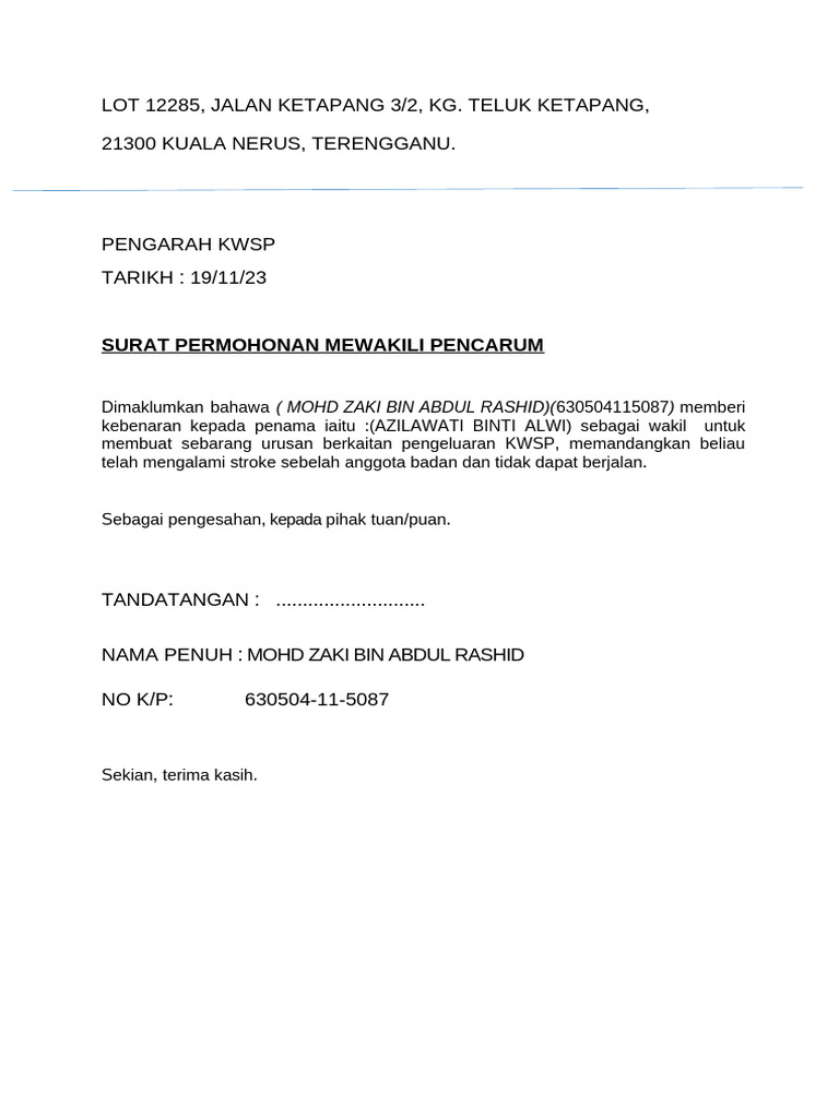 Contoh Surat Wakil KWSP | PDF