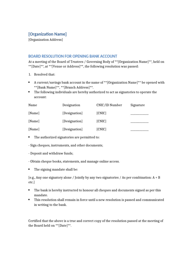 Board Resolution for Bank Account Opening | PDF